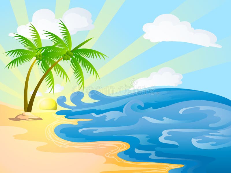 Strand op zonnige dag vector illustratie. Illustration of overzees ...