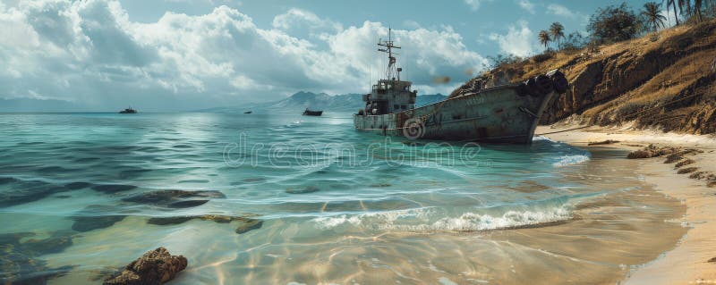 Stranded Military Ship on a Tropical Beach Under a Cloudy Sky Stock ...