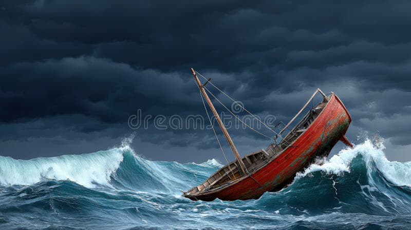 A Stranded Red Boat Battling Fierce Waves Under a Stormy Sky Stock ...