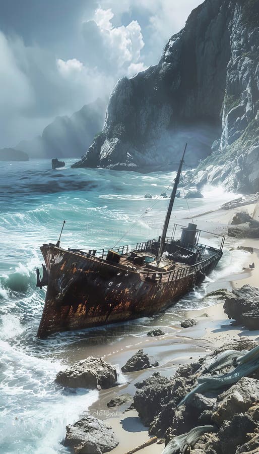 A Stranded Shipwreck on a Remote Coastline, Embraced by Rocky Outcrops ...