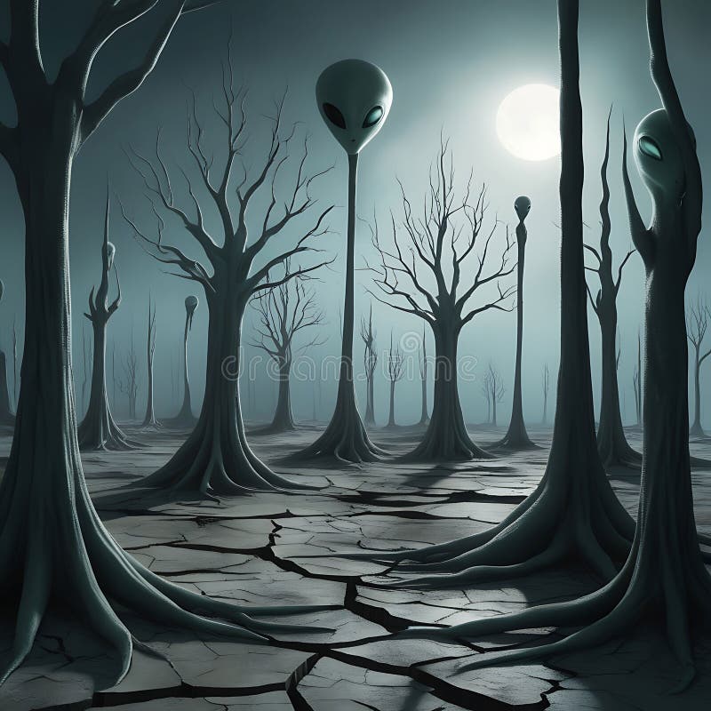 A Surreal, Cracked Landscape with Distorted Trees and Alien-Shaped ...