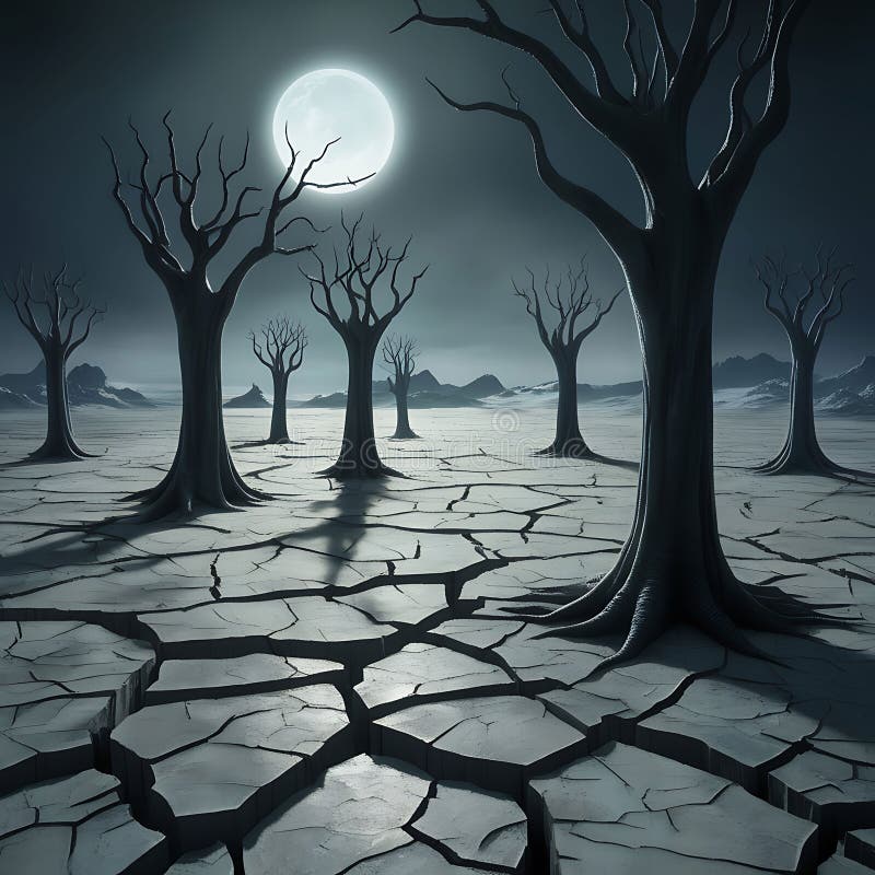 A Surreal, Cracked Landscape with Distorted Trees and Alien-Shaped ...