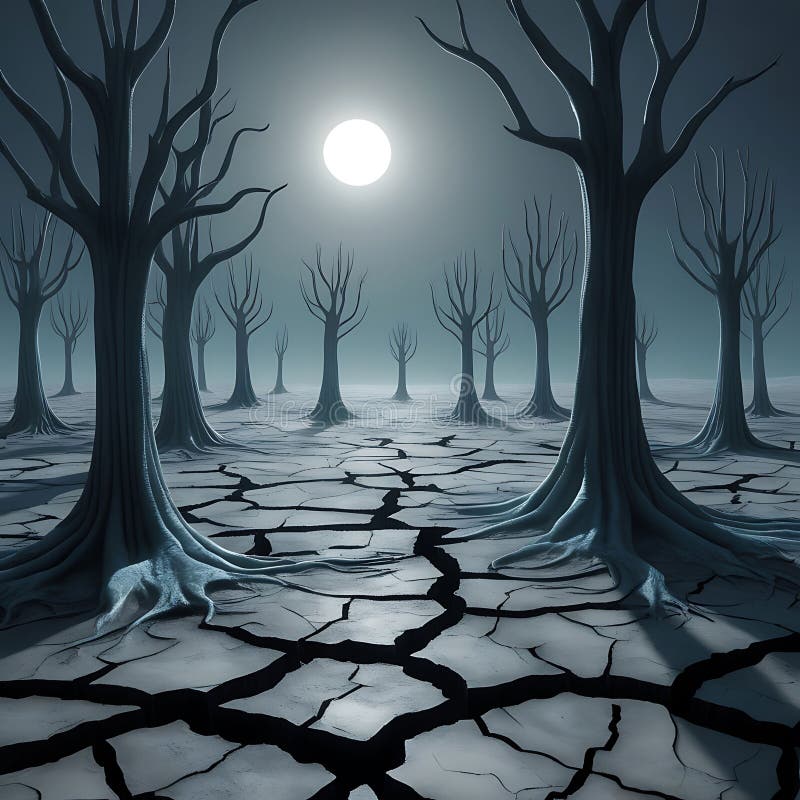 A Surreal, Cracked Landscape with Distorted Trees and Alien-Shaped ...