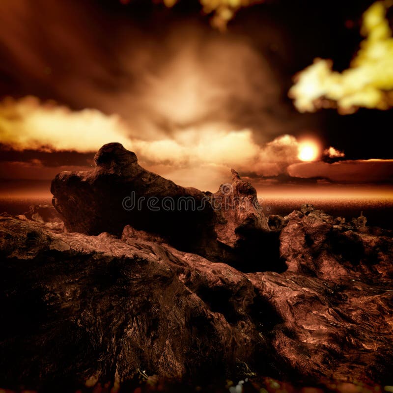 Strange Island with Epic Sunset Environment Stock Illustration ...