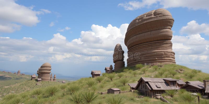 Strange Rock Formations Tower Over a Small Village Stock Illustration ...