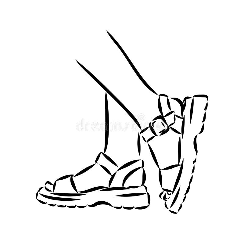 Strap Sandal Outline Drawing Vector, Strap Sandal in a Sketch Style ...
