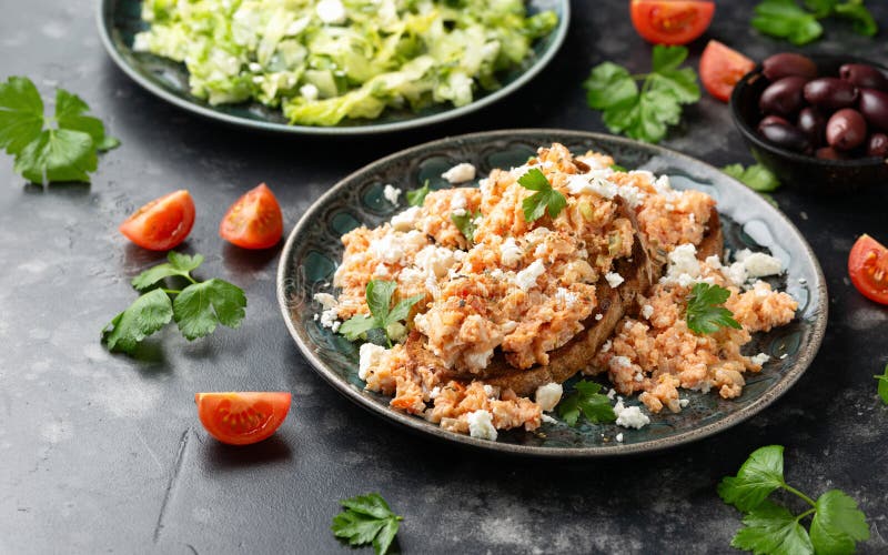 Strapatsada, Eggs Scrambled with Bread, Tomatoes and Feta Cheese. Greek ...