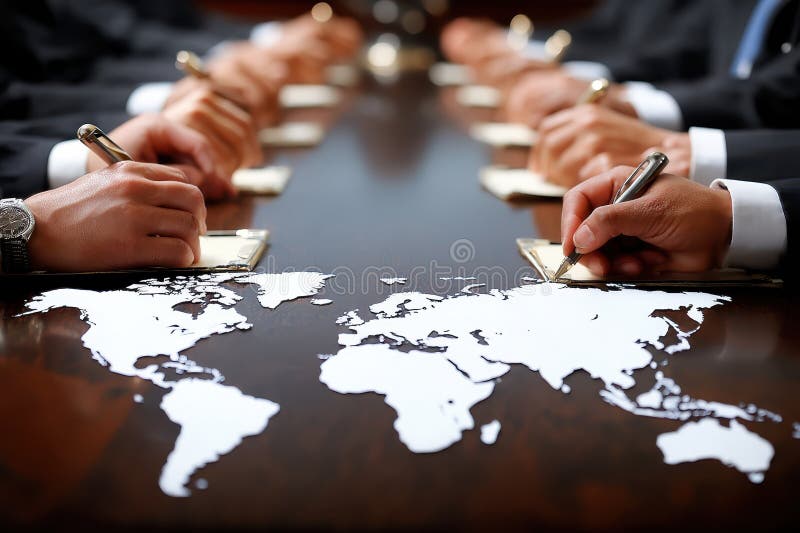 Strategic Boardroom Session with Global Map and Data Overlays for ...