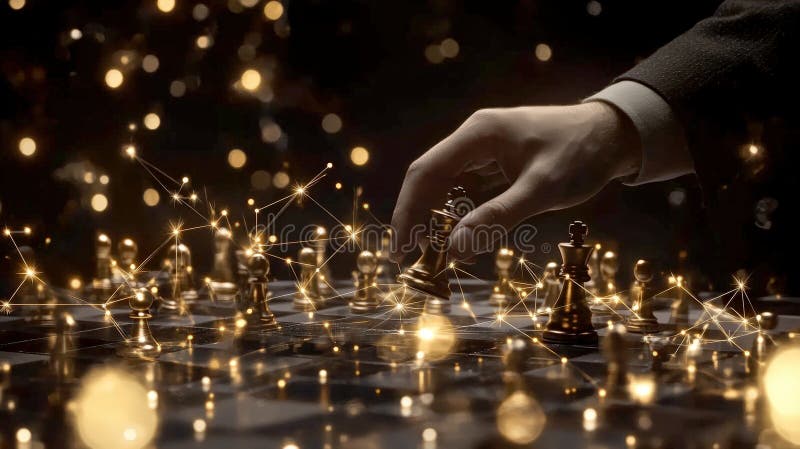 Strategic Chess Move Illuminated by Golden Sparkles in a Dark Setting ...