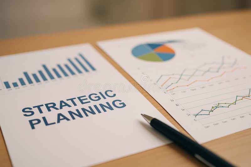 Strategic Planning Documents with Graphs and Charts on a Wooden Table ...