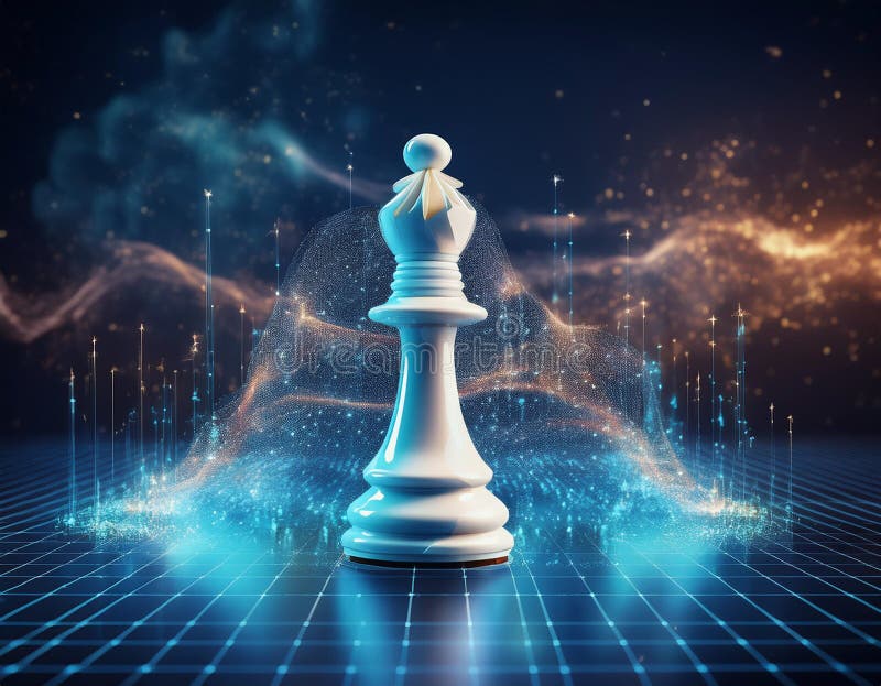Strategic White Chess Bishop with Flowing Data Particles on Cloud Computing Interface Background ...