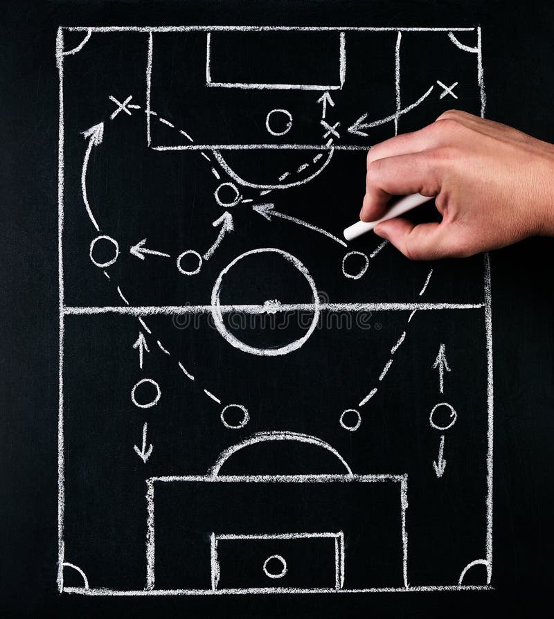 Strategy of Football or Soccer Play Tactics, Drawn by Chalk on the ... Strategy of Football or Soccer Play Tactics, Drawn by Chalk on the ...