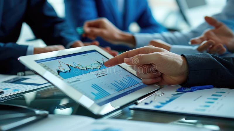 Strategy Meeting, Business Professionals Analyzing Market Data on Tablet in Modern Office ...