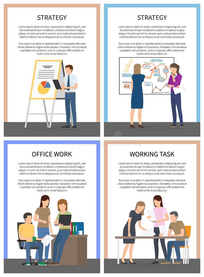 Strategy Office Work Set of Posters with Workers Stock Vector ...