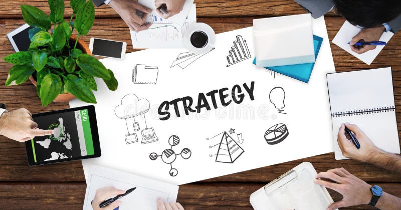 Strategy Text Surrounded by Icons and Hands Stock Illustration ...