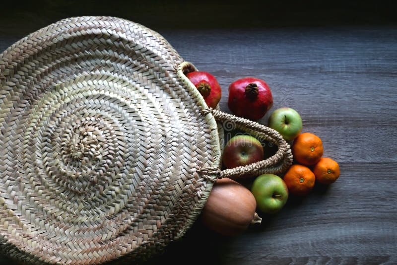 Straw Bag and Food stock photo. Image of produce, juicy - 233010516