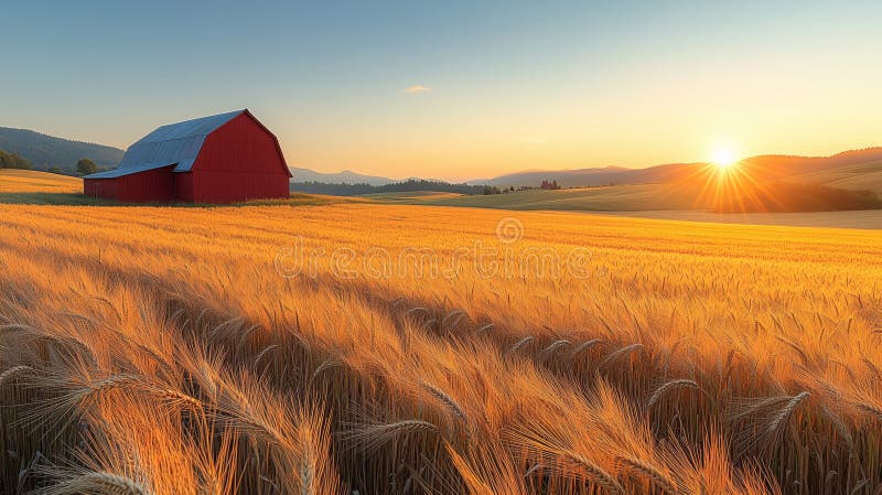 Straw Bale in Wheat Field and Barn in Countryside at Sunset Stock ...