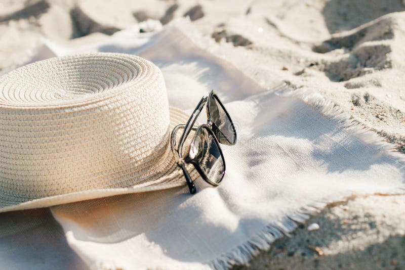 Straw Beach Hat with Brim for Sun Protection with Glasses. Stock Image ...