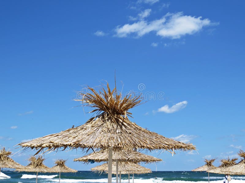 Straw Beach Parasol Umbrella Protecting from Sun during Exotic Vacation ...