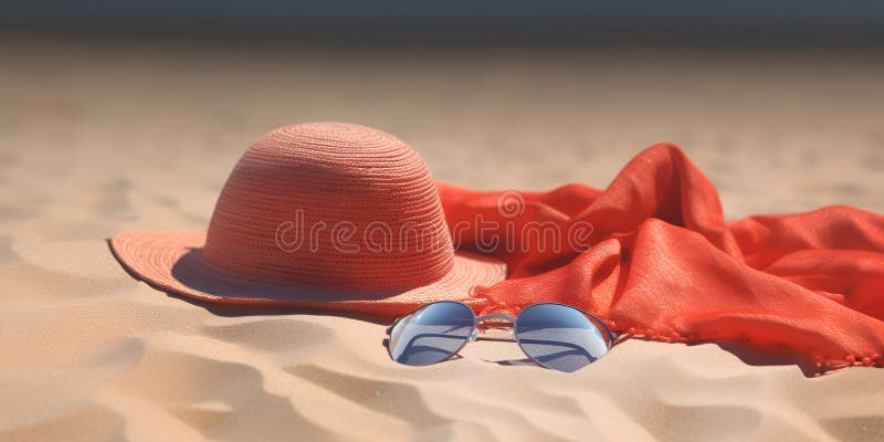Straw Beach Sunhat and Shawl on the Sand. Summer Vacancy Concept. AI ...