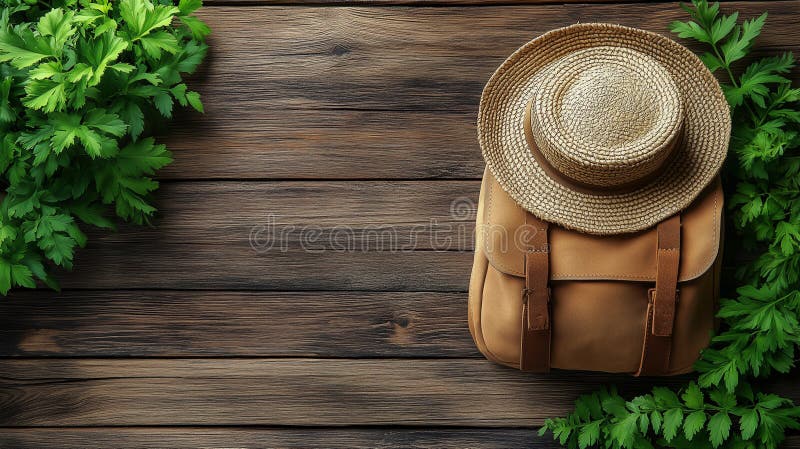Straw Hat and Backpack on Wooden Surface with Greenery Stock ...