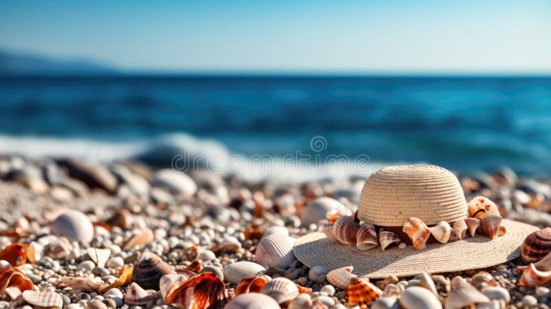 Straw Hat and on Beach Sand beside Starfish and Seashells in Sunlight ...