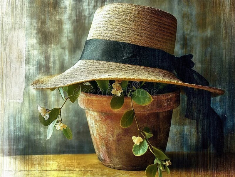 Straw Hat with a Black Ribbon Resting on a Flower Pot with Greenery ...
