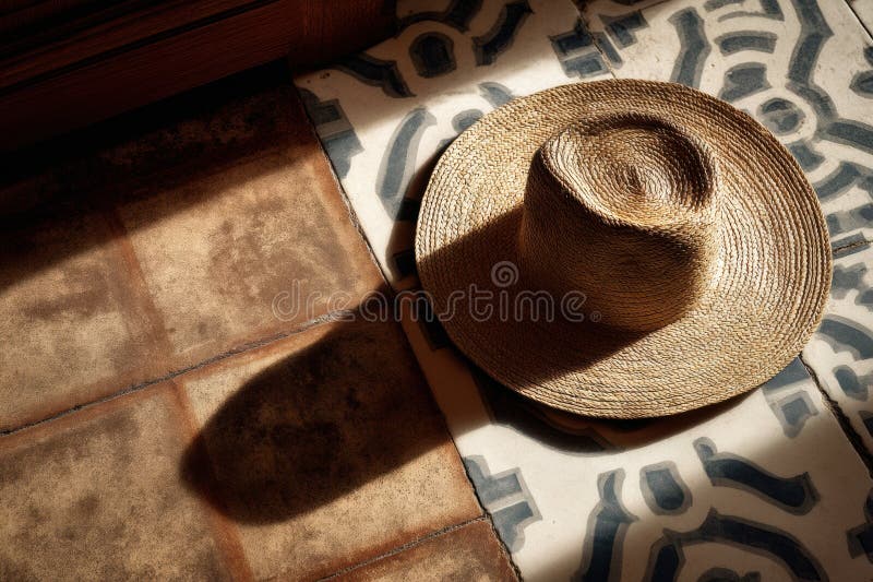 Straw Hat Casting a Shadow on Vintage Tile Floor Showcasing Intricate ...