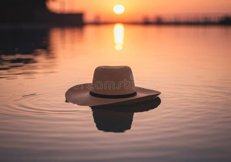 Straw Hat Floating on Calm Water at Sunset Stock Illustration ...