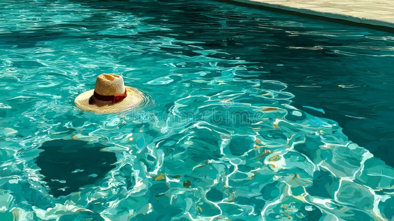 A Straw Hat Floats Peacefully on the Surface of a Turquoise Swimming ...