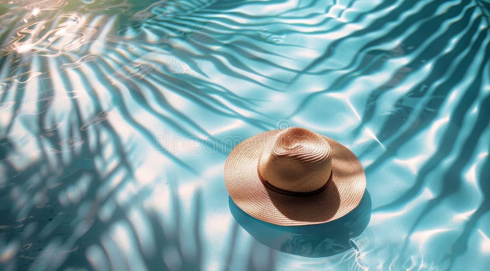 Straw Hat Floating in a Pool of Blue Water with Palm Tree Shadows Stock ...