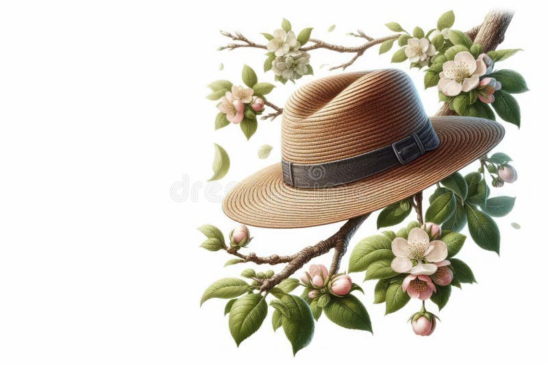 A Straw Hat on a Flowering Branch. Space for Text. Stock Photo - Image ...