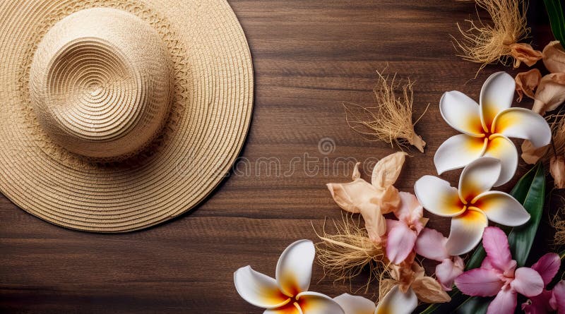 Straw Hat and Flowers on Sand Beach. Summer Holidays Concept Stock ...