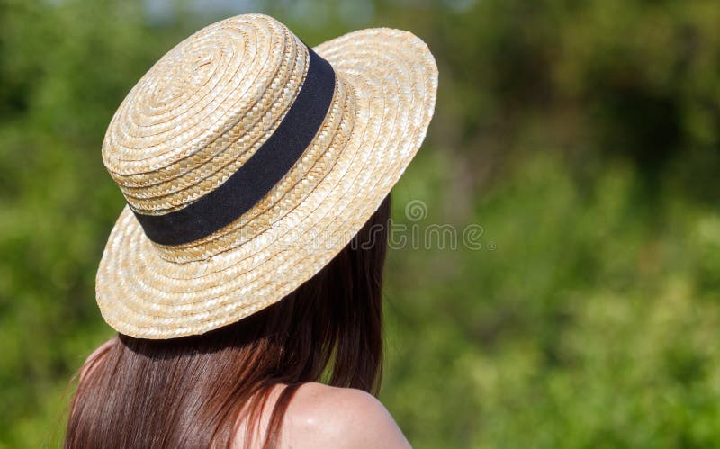 Straw Hat on a Girl& X27;s Head. Back View Stock Photo - Image of ...