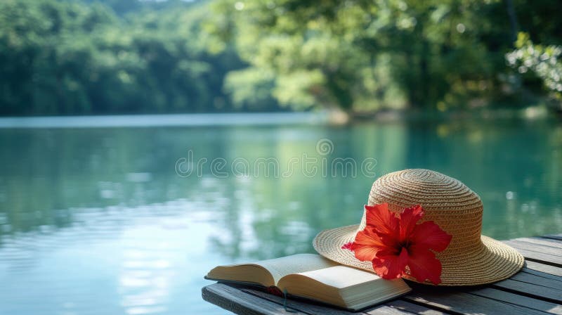 Straw Hat with Hibiscus Flower and Open Book by Tranquil Lakeside in ...