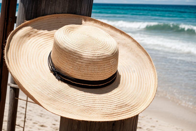 A Straw Hat Left Hanging on a Post at the Beach Stock Illustration ...