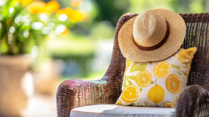 Straw Hat and Lemon Pillow on Wicker Chair Outdoors Stock Illustration ...