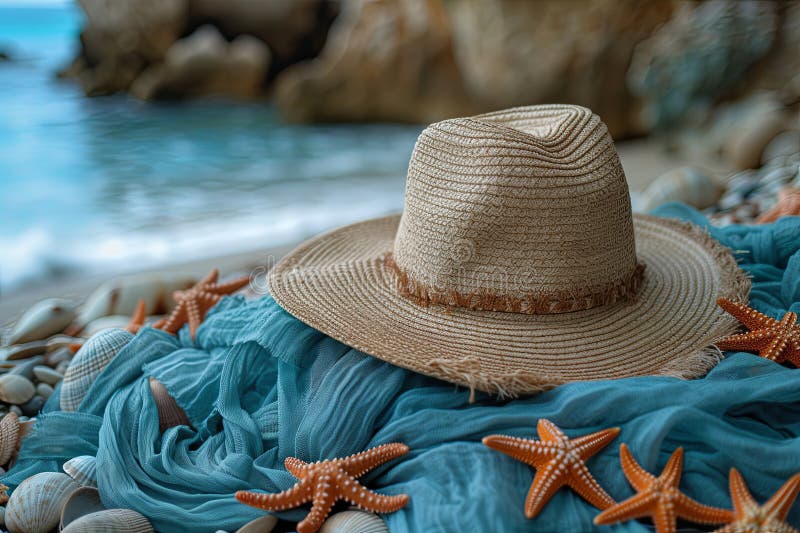 Straw Hat Lies on a Blue Cloth Next To a Pile of Shells and Starfish ...