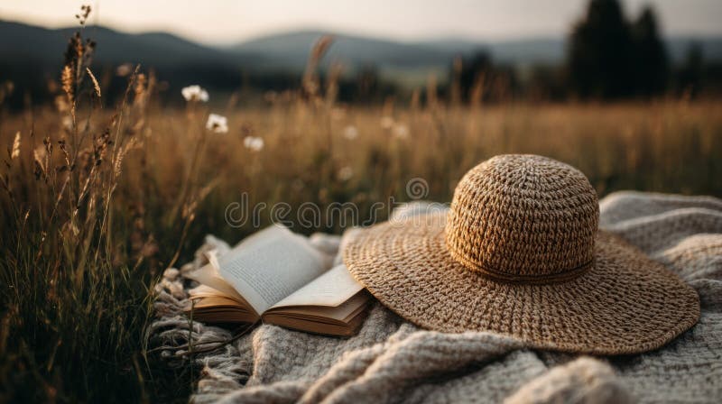 Straw Hat and Open Book on Blanket in Summer Field Stock Illustration ...