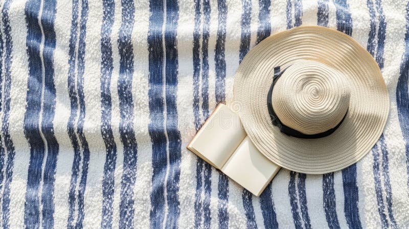 Straw Hat and Open Book on Striped Beach Blanket Stock Illustration ...
