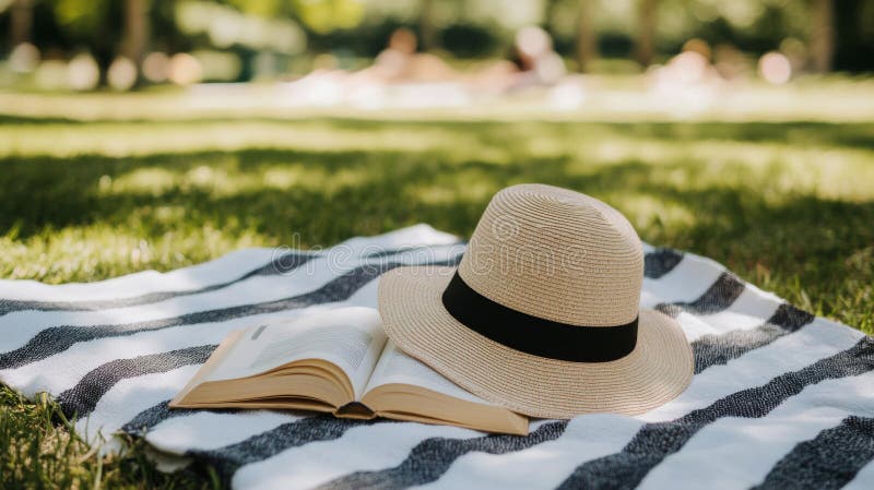 Straw Hat and Open Book on Striped Blanket in Sunny Park Stock ...