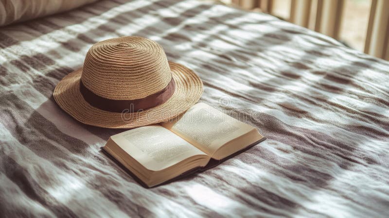 Straw Hat and Open Book on a Striped Fabric Outdoors Stock Illustration ...