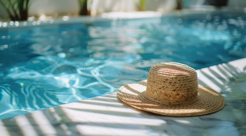 Straw Hat by the Poolside on a Sunny Day Stock Image - Image of ...
