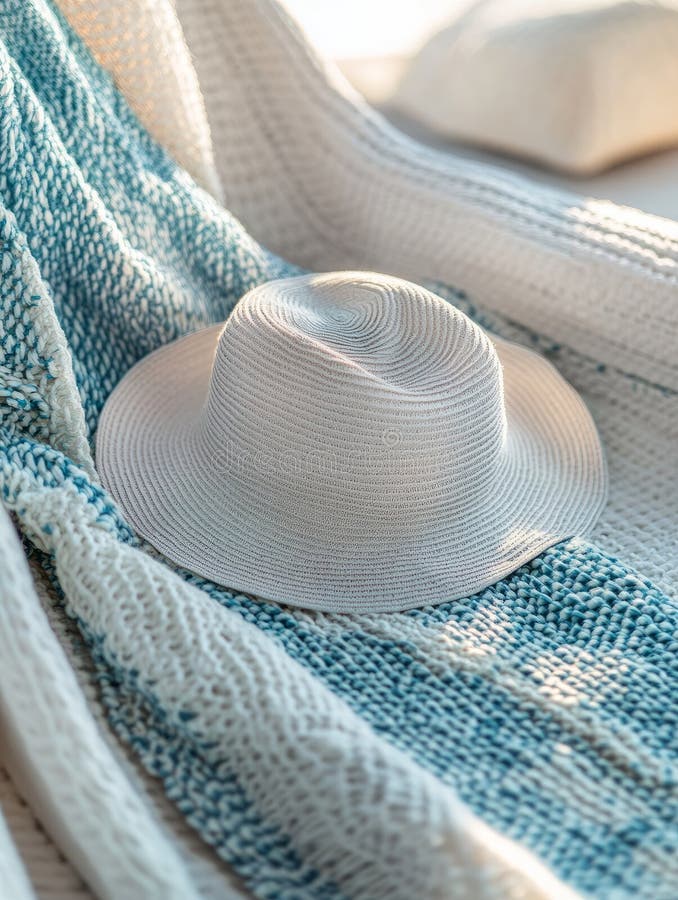 Straw Hat Resting on Blue and White Woven Fabric. Stock Photo - Image ...