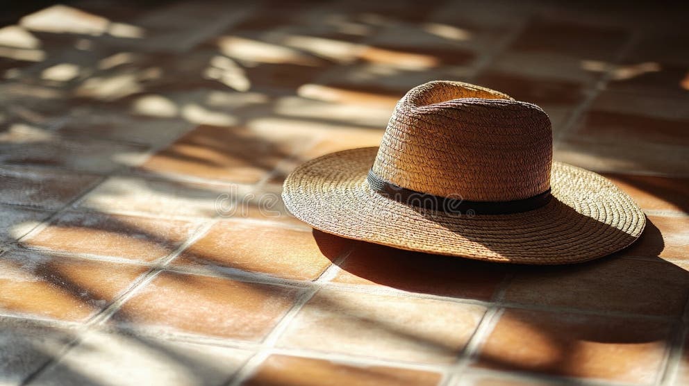 Straw Hat Resting on Sunlit Tiled Floor Stock Photo - Image of timeless ...
