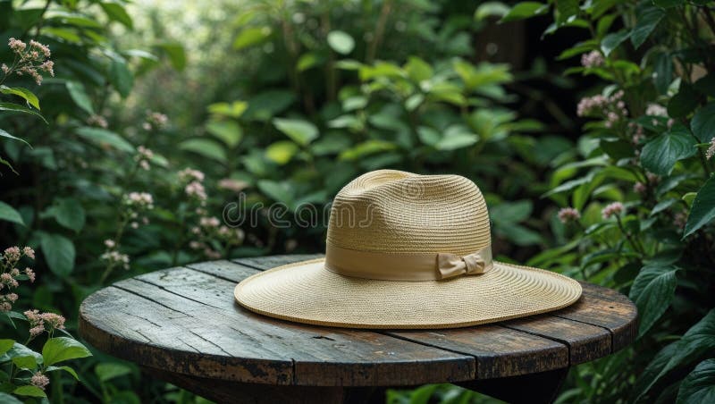 Straw Hat Resting Wooden Table Lush Garden Setting Stock Photos - Free ...