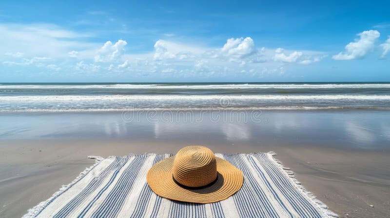Straw Hat Rests on Beach Blanket Near Ocean Waves Stock Illustration ...