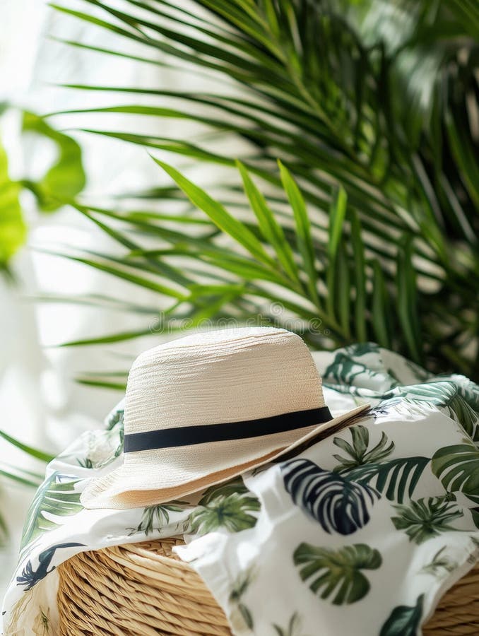 Light Summer Fabrics with Tropical Patterns and a Straw Hat on a Basket ...