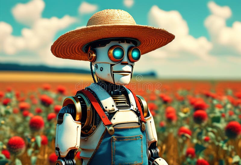 A Straw Hat Robot in a Rural Field Stock Image - Image of eyes, field ...