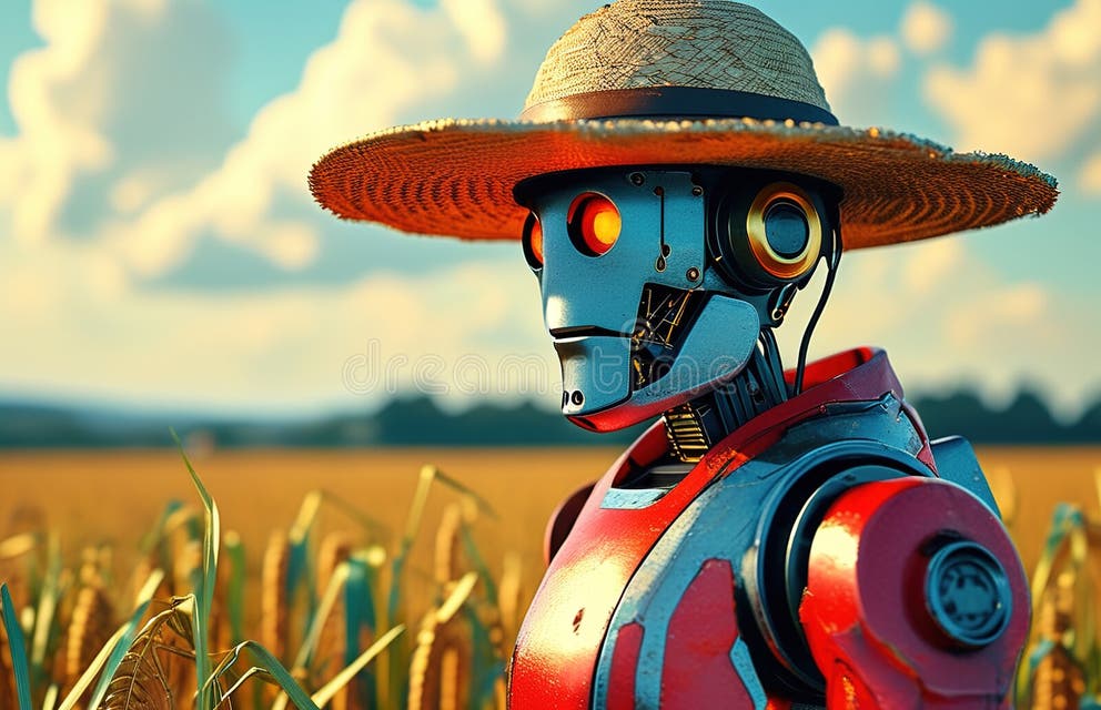 A Straw Hat Robot in a Rural Field Stock Photo - Image of technology ...